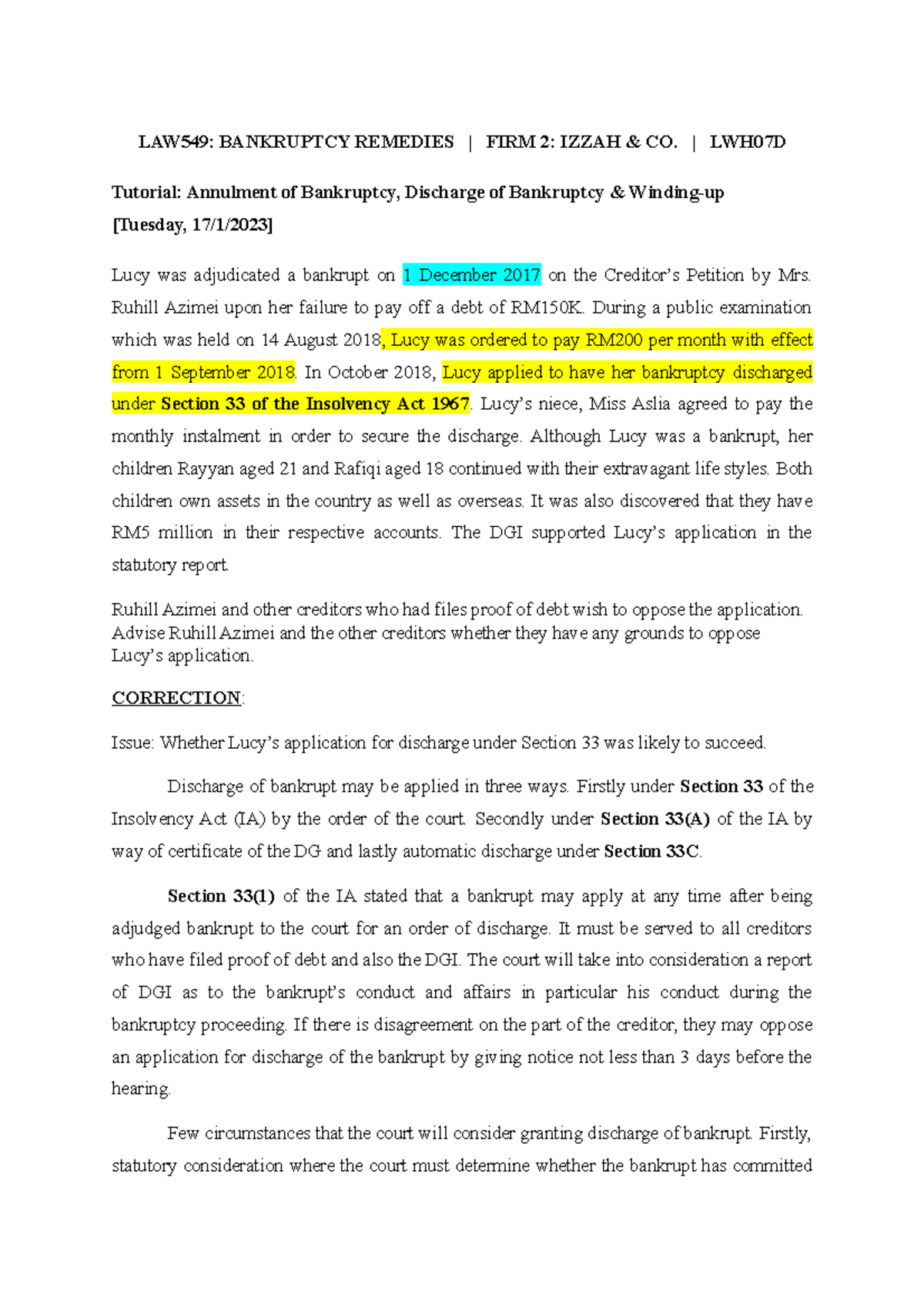 Correction Tutorial Bankruptcy FIRM 2 - LAW549: BANKRUPTCY REMEDIES | FIRM 2: IZZAH & CO ...