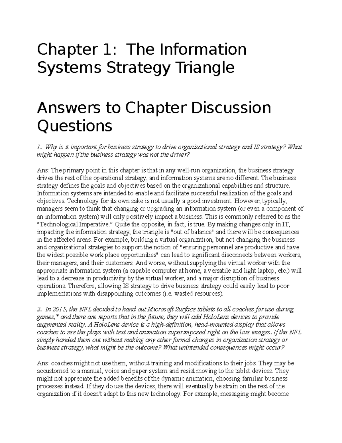 Answers-ch01 - answers to q - Chapter 1: The Information Systems Strategy Triangle Answers to ...