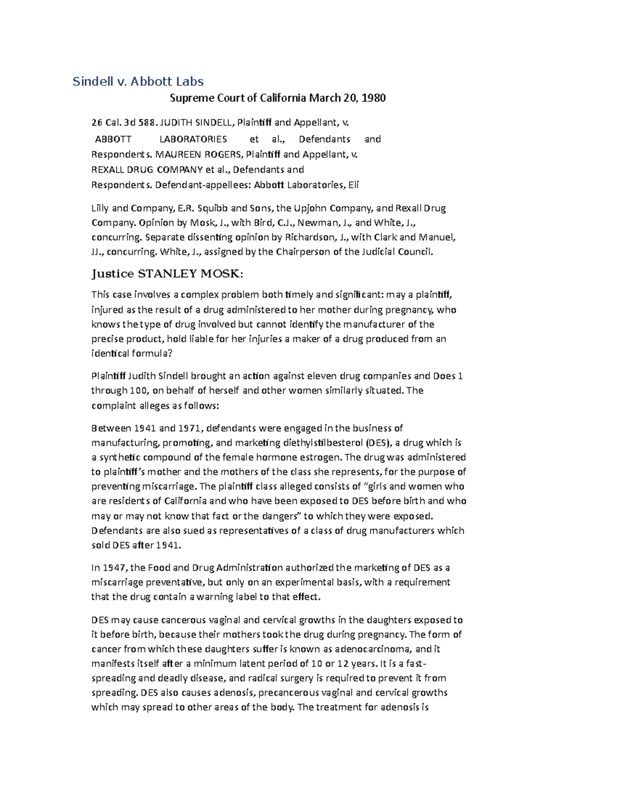 Tort law m55 - Tort law - Sindell v. Abbott Labs Supreme Court of ...