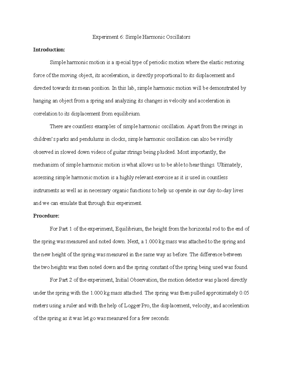 Lab 6 - Simple Harmonic Oscillators - Experiment 6: Simple Harmonic ...