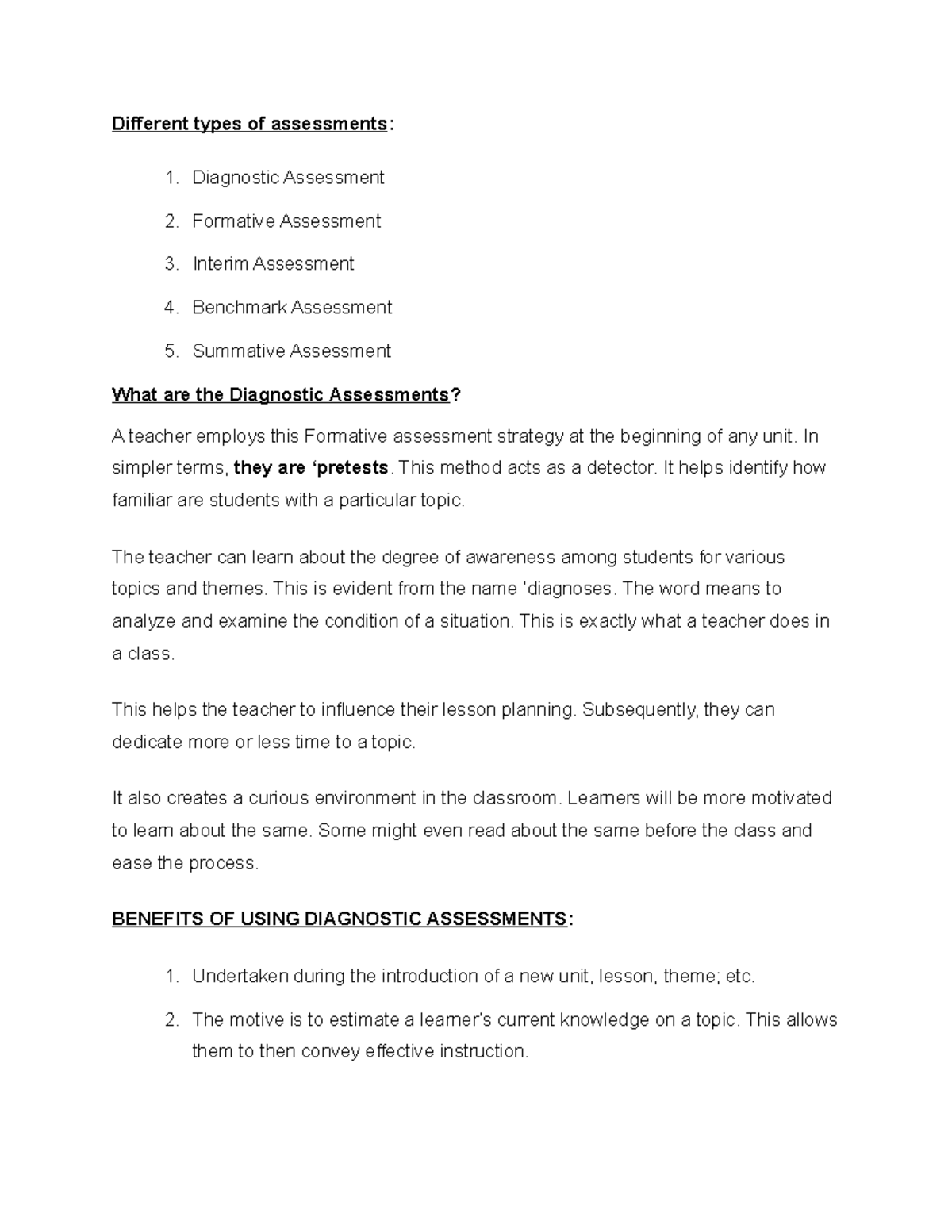 Different types of assessments - Diagnostic Assessment 2. Formative ...