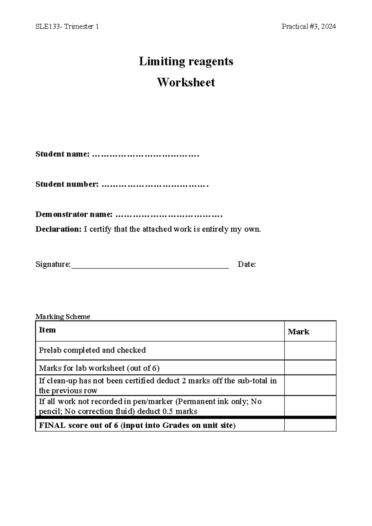 SLE133 P3 Limiting reagents Worksheet - Limiting reagents Worksheet ...