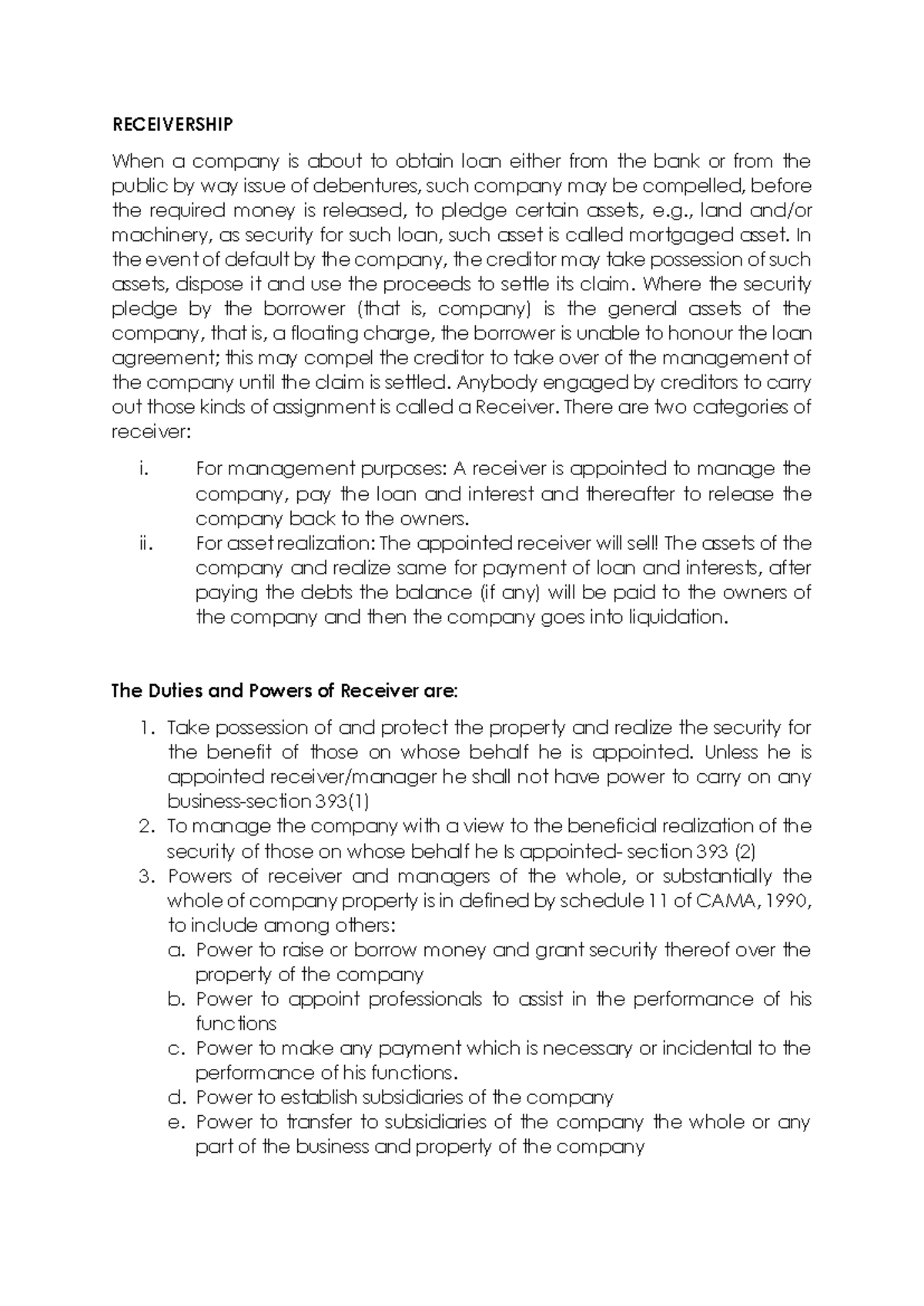 Liquidation NOTE AND Example - RECEIVERSHIP When a company is about to ...