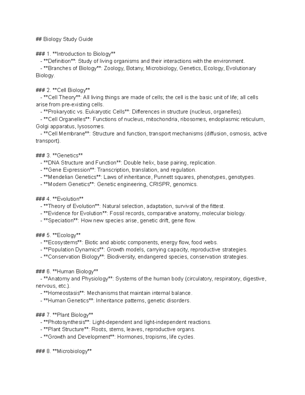 Notes for biology - Biology Study Guide 1. Introduction to Biology ...