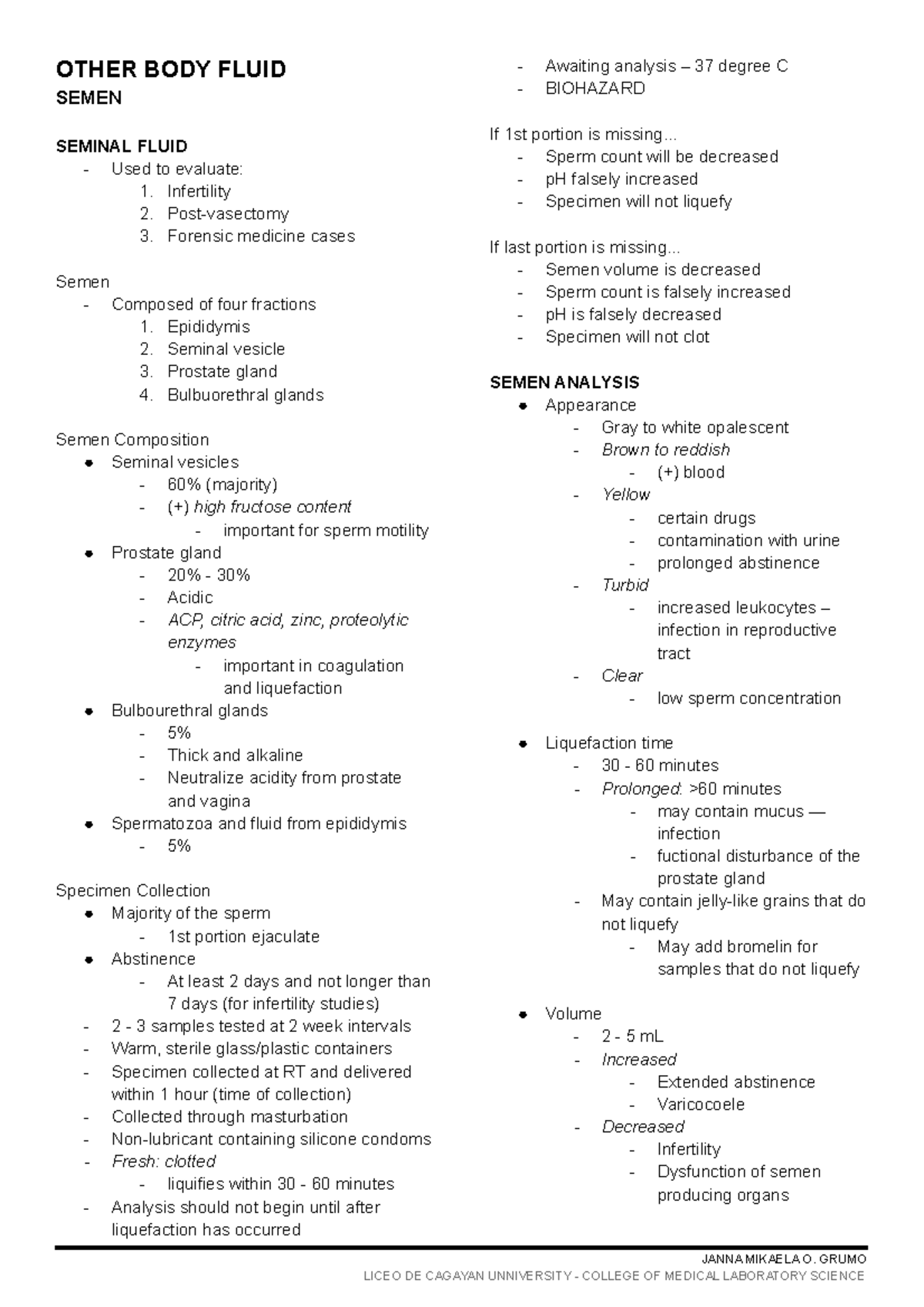 Semen Analysis - OTHER BODY FLUID SEMEN SEMINAL FLUID Used to evaluate ...