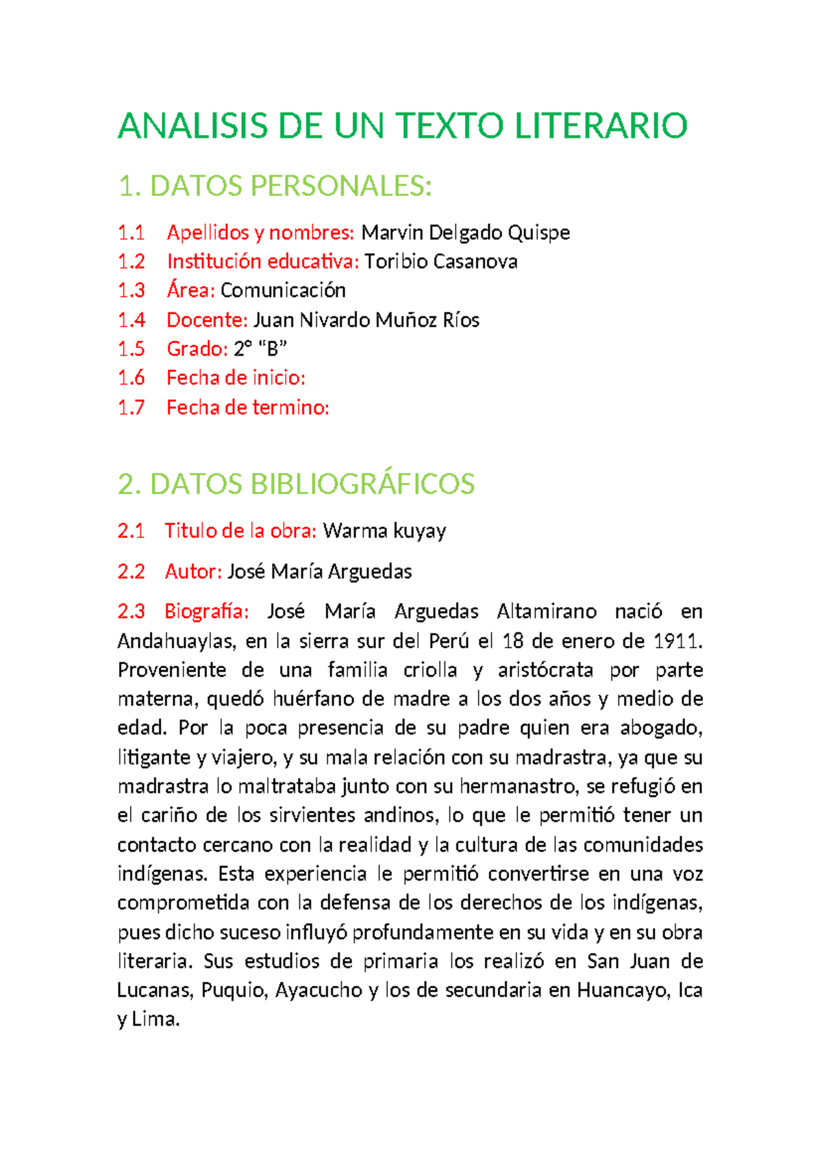 Analisis DE UN Texto Literario - ANALISIS DE UN TEXTO LITERARIO 1 ...