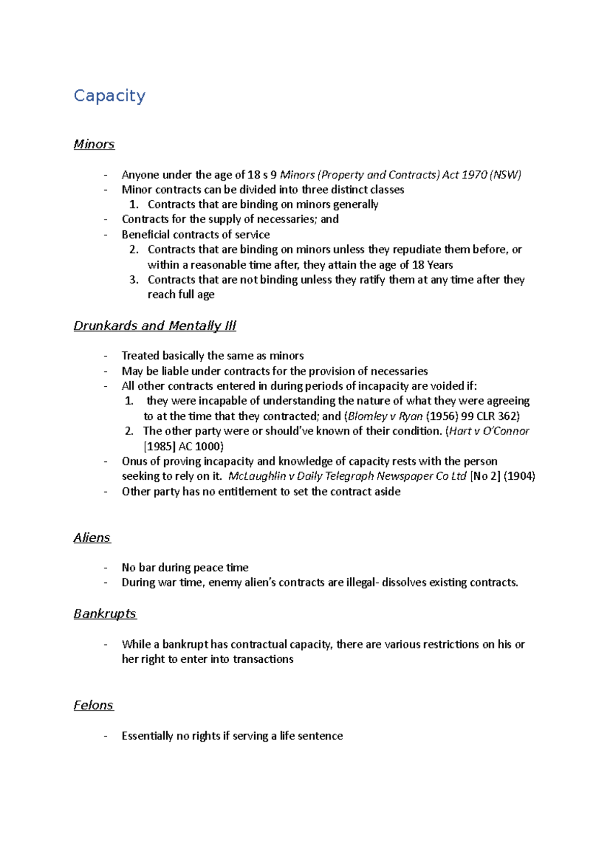 Capacity - Concise notes - Capacity Minors Anyone under the age of 18 s ...