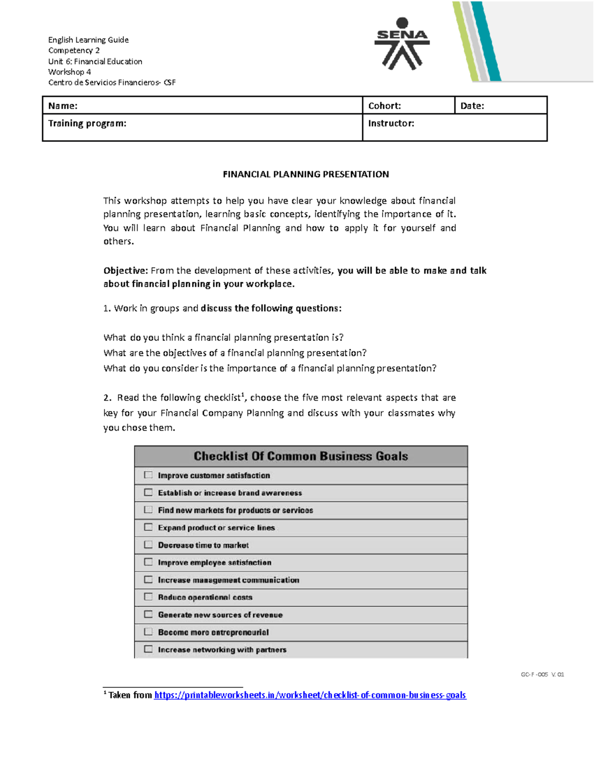 Workshop 4 Financial Education - English Learning Guide Competency 2 ...