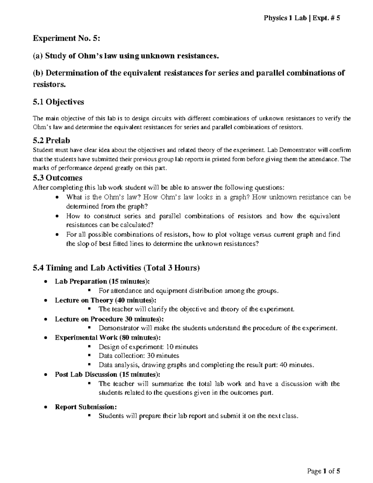 Phy1Lab Exp. 5 New - Experiment No. 5 : (a) Study of Ohm’s law using unknown resistances. (b ...