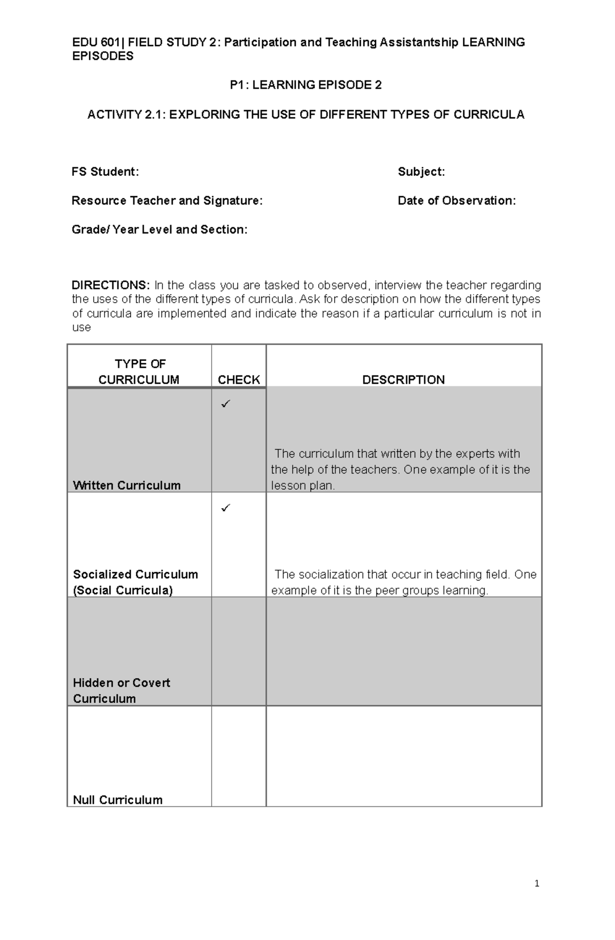 FS2 Episode 2 - EDU 601| FIELD STUDY 2: Participation and Teaching ...