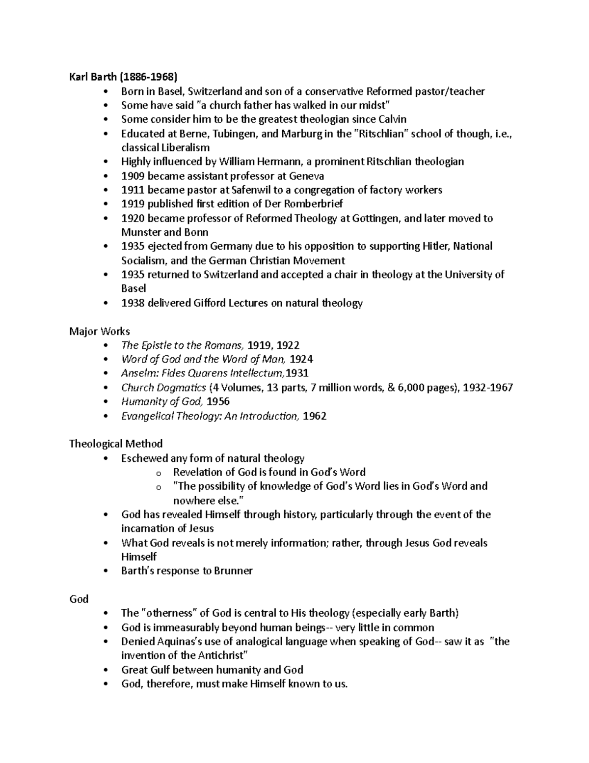 Barth - , classical Liberalism Highly influenced by William Hermann, a ...