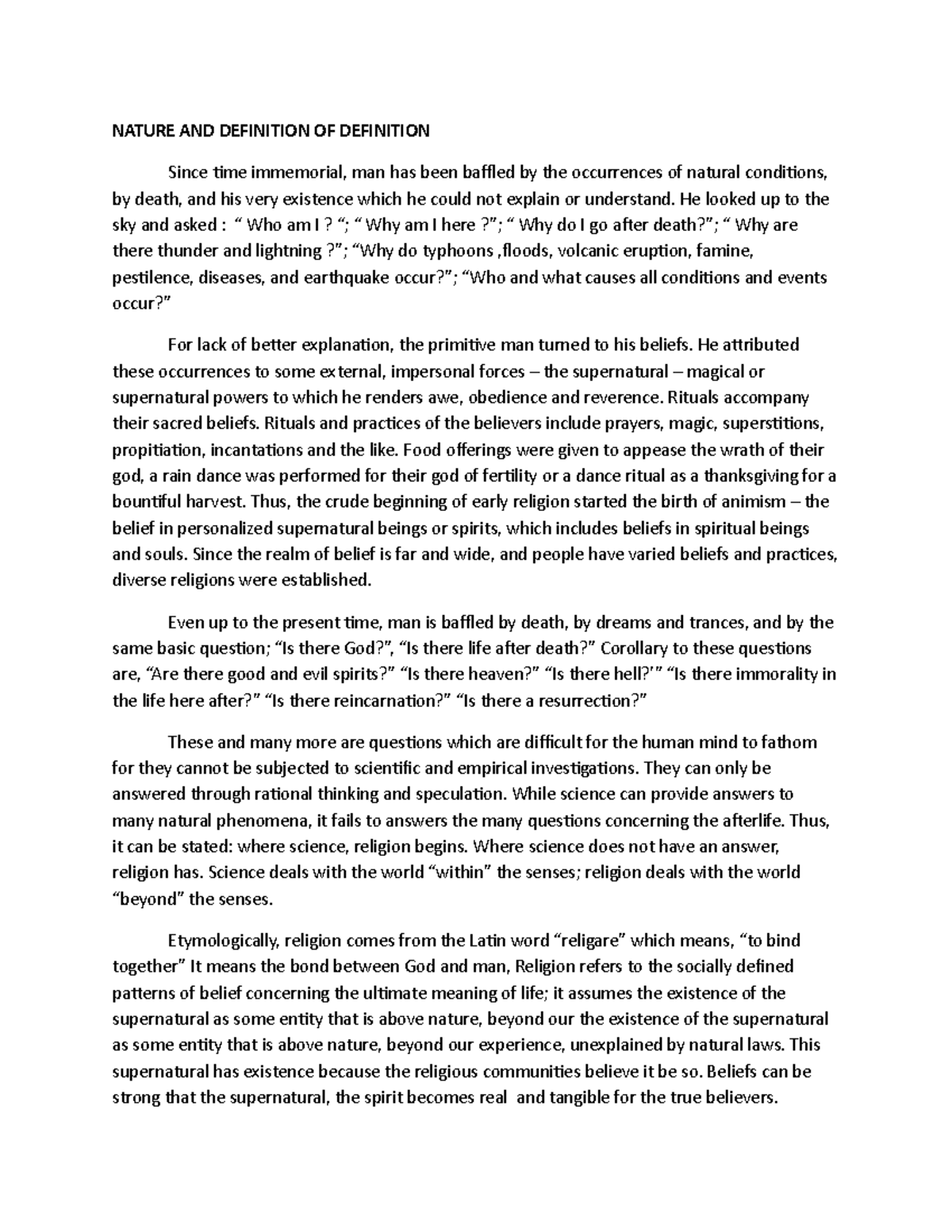 Religion - NATURE AND DEFINITION OF DEFINITION Since time immemorial ...