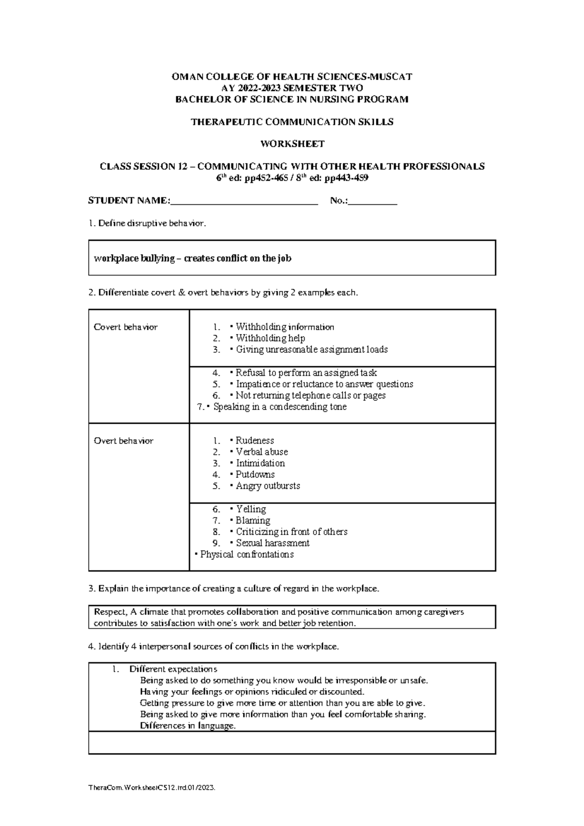 Worksheet - CS 12 Communicating with Other Health Professionals - OMAN ...