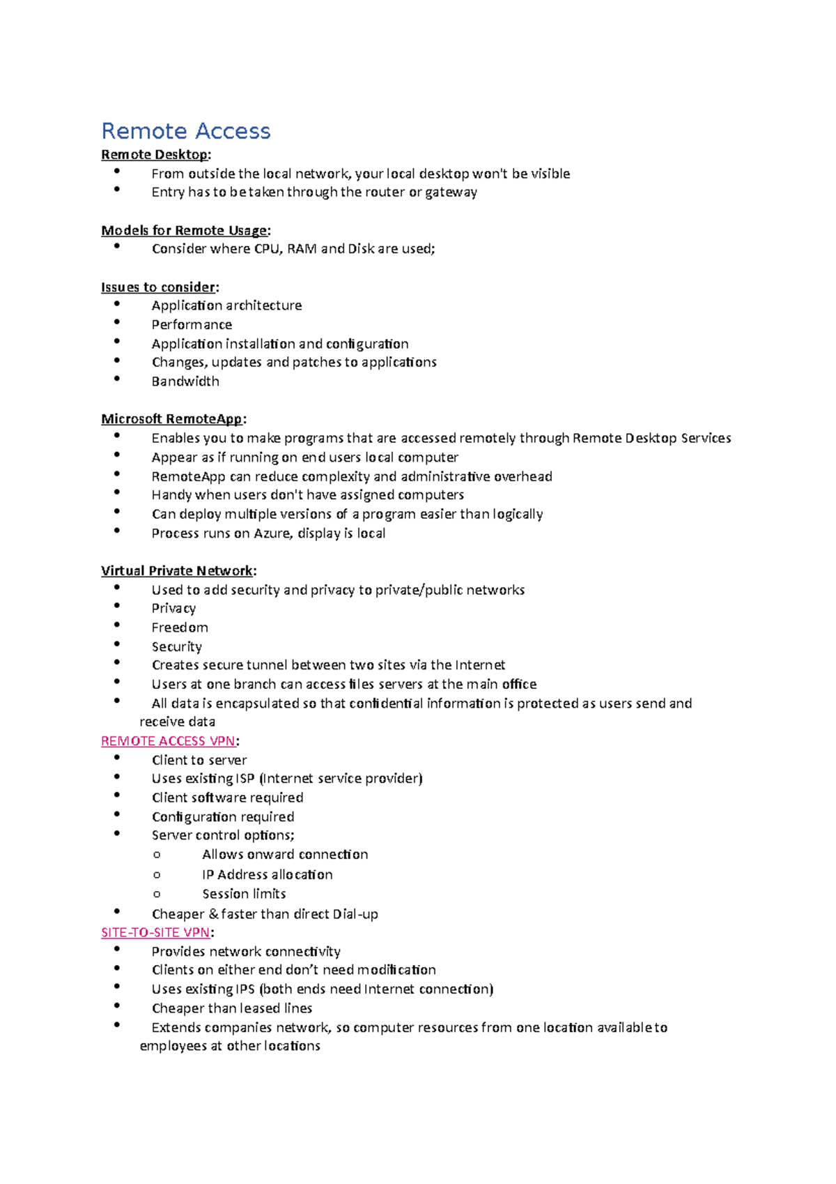 Remote Access - Lecture notes all - Remote Access Remote Desktop: From ...