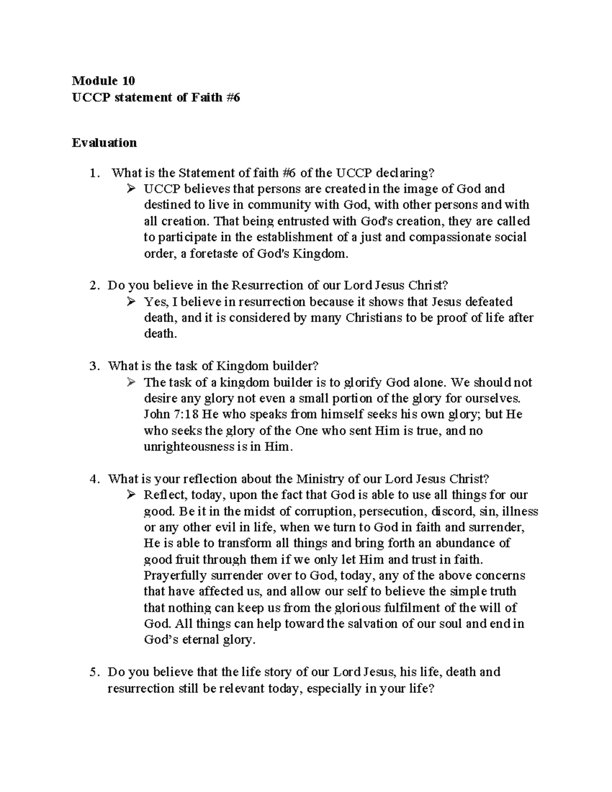 REligion 5 - relEd - Module 10 UCCP statement of Faith # Evaluation 1 ...