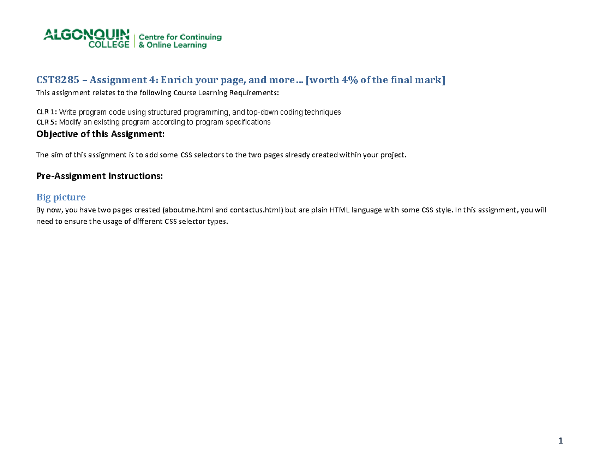 CST8285 Assignment #4 - Let it shine - 1 CST8285 – Assignment 4: Enrich your page, and more ...