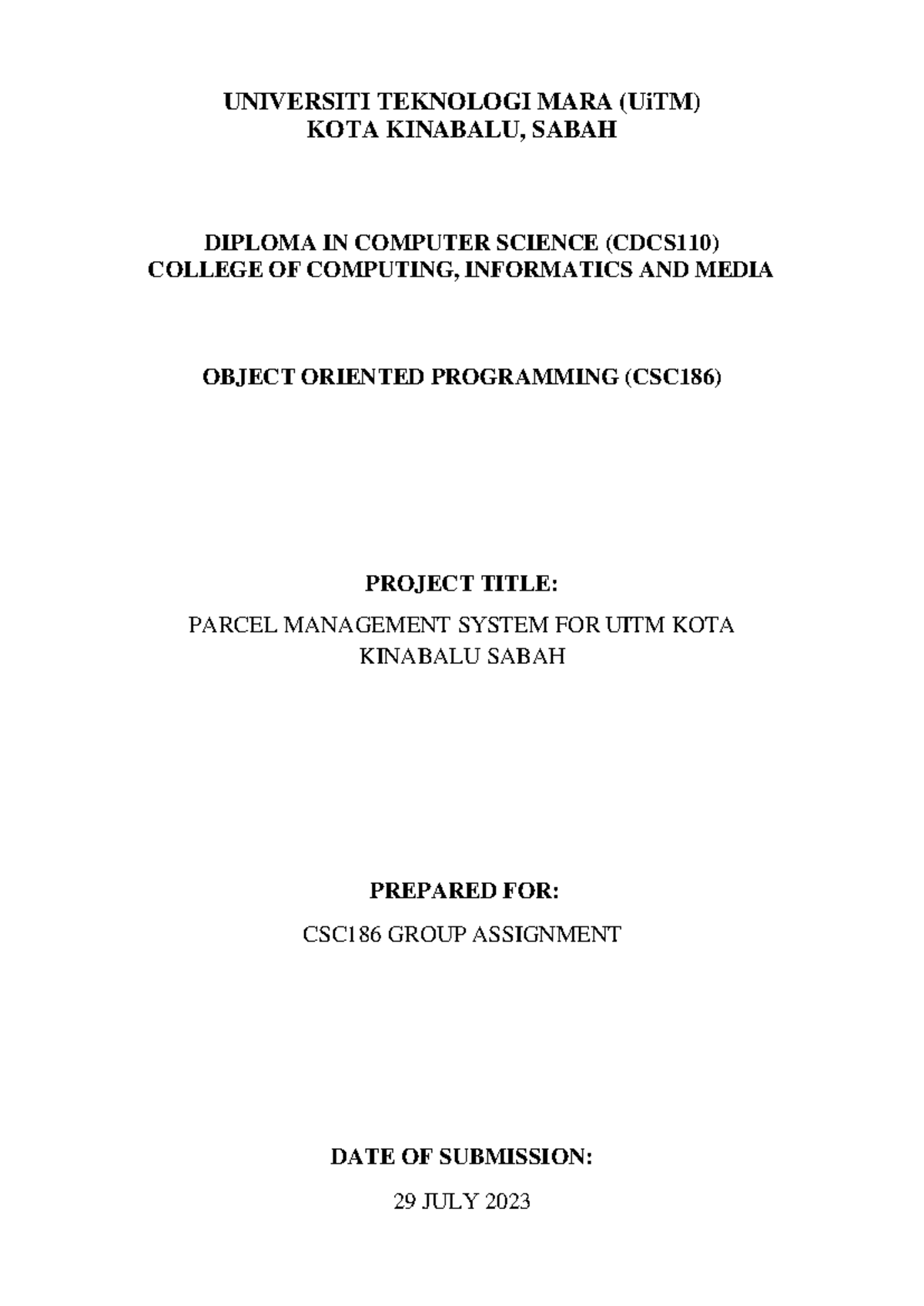 Cover PAGE sample - introduction to java - UNIVERSITI TEKNOLOGI MARA ...