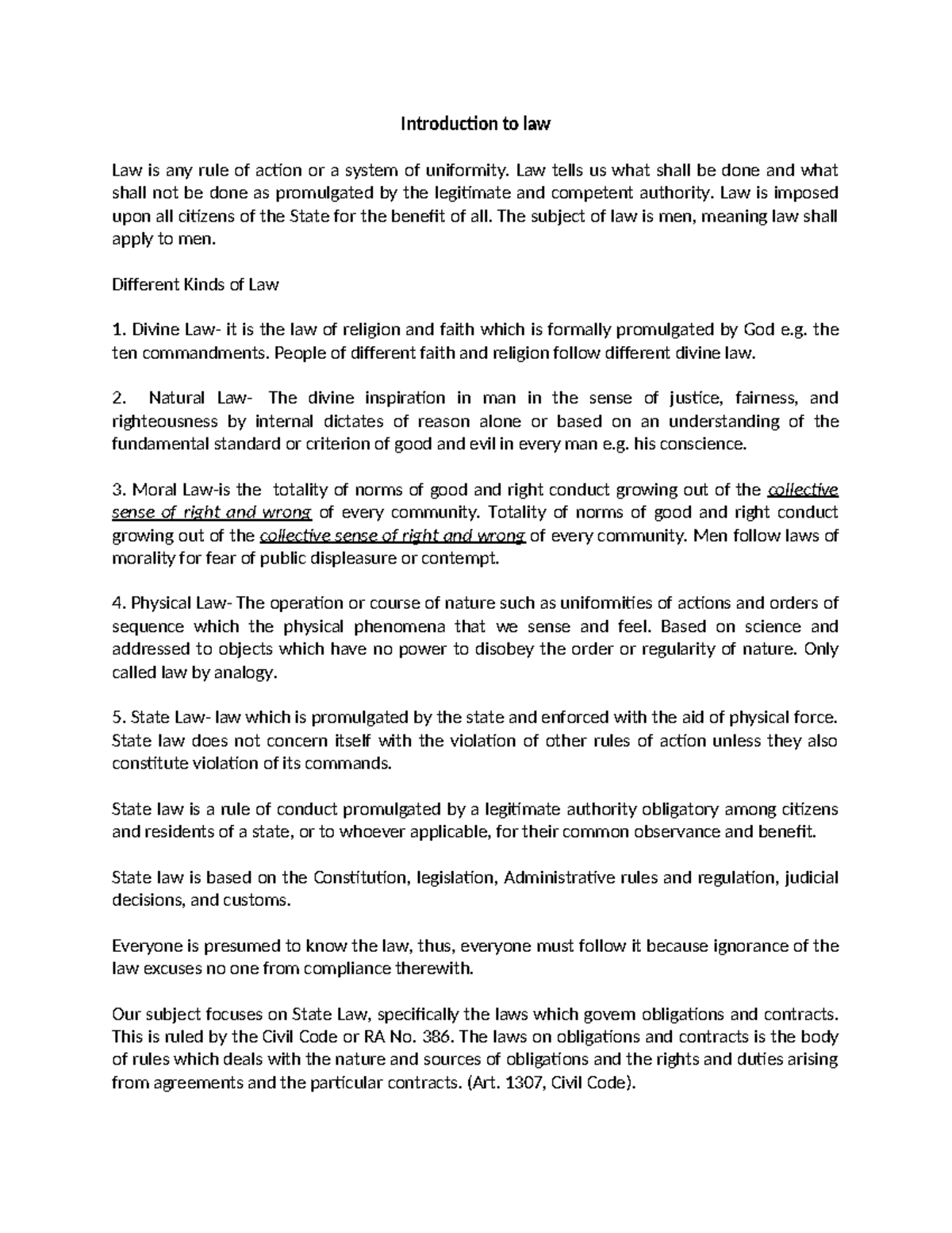 Oblico-notes - Introduction to law Law is any rule of action or a ...