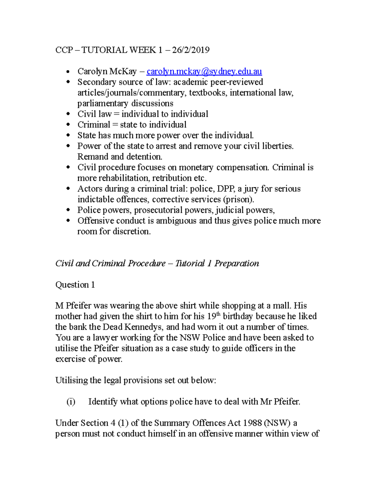 Civil and Criminal Procedure – Tutorial 1 - CCP – TUTORIAL WEEK 1 – 26/2/ Carolyn McKay – - Studocu