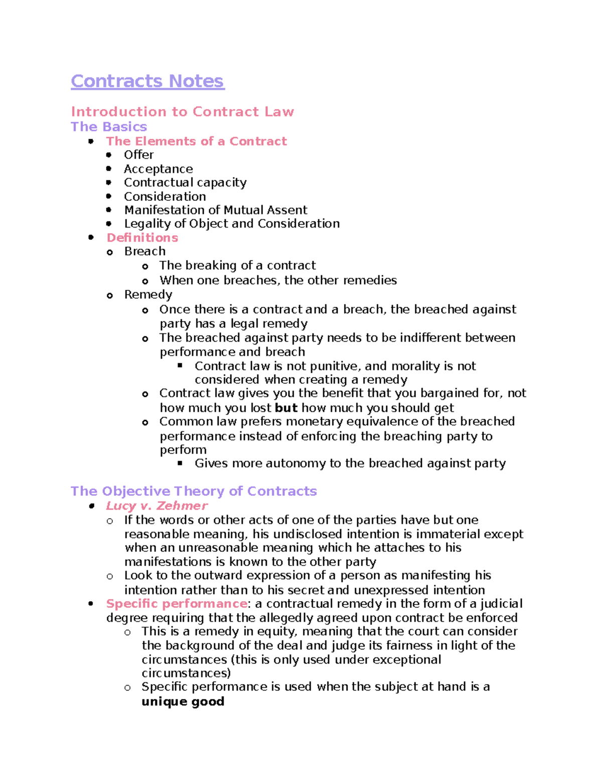 Contracts Notes - Contracts Notes Introduction to Contract Law The ...