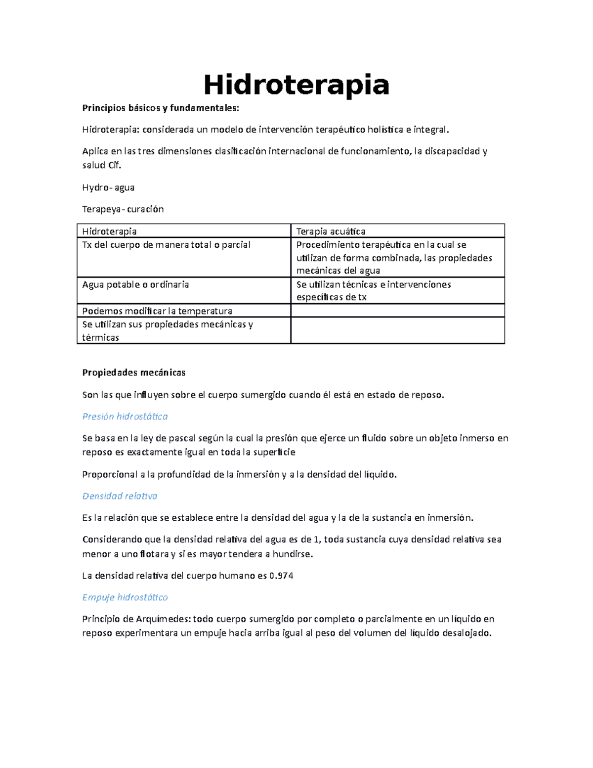 Hidroterapia - conceptos basicos, propiedades del agua a tomar en cuenta profesor maritza - Studocu