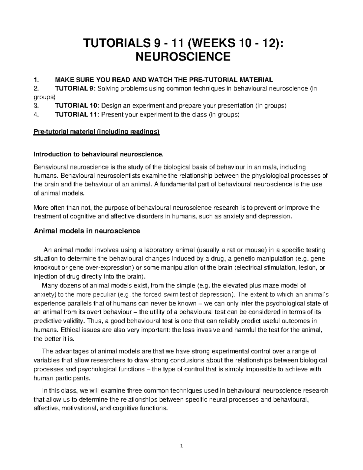 2X15 Weeks 10&12 Neuroscience Tutorials - TUTORIALS 9 - 11 (WEEKS 10 ...