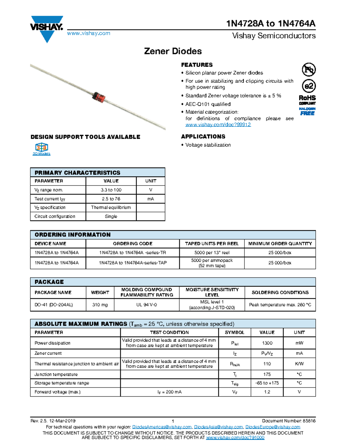 1N4742A Diodo Zener - Data - 1N4728A to 1N4764A vishay Vishay Semiconductors Rev. 2. 12-Mar-2019 ...