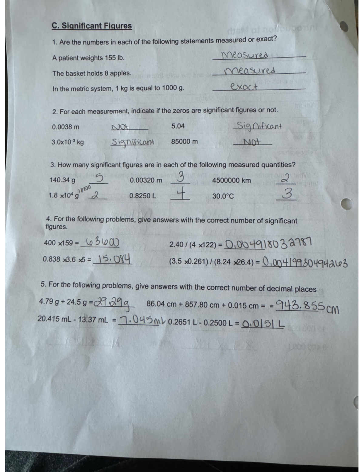 Intro to Math worksheet - C. Significant Figures 1. Are the numbers in ...