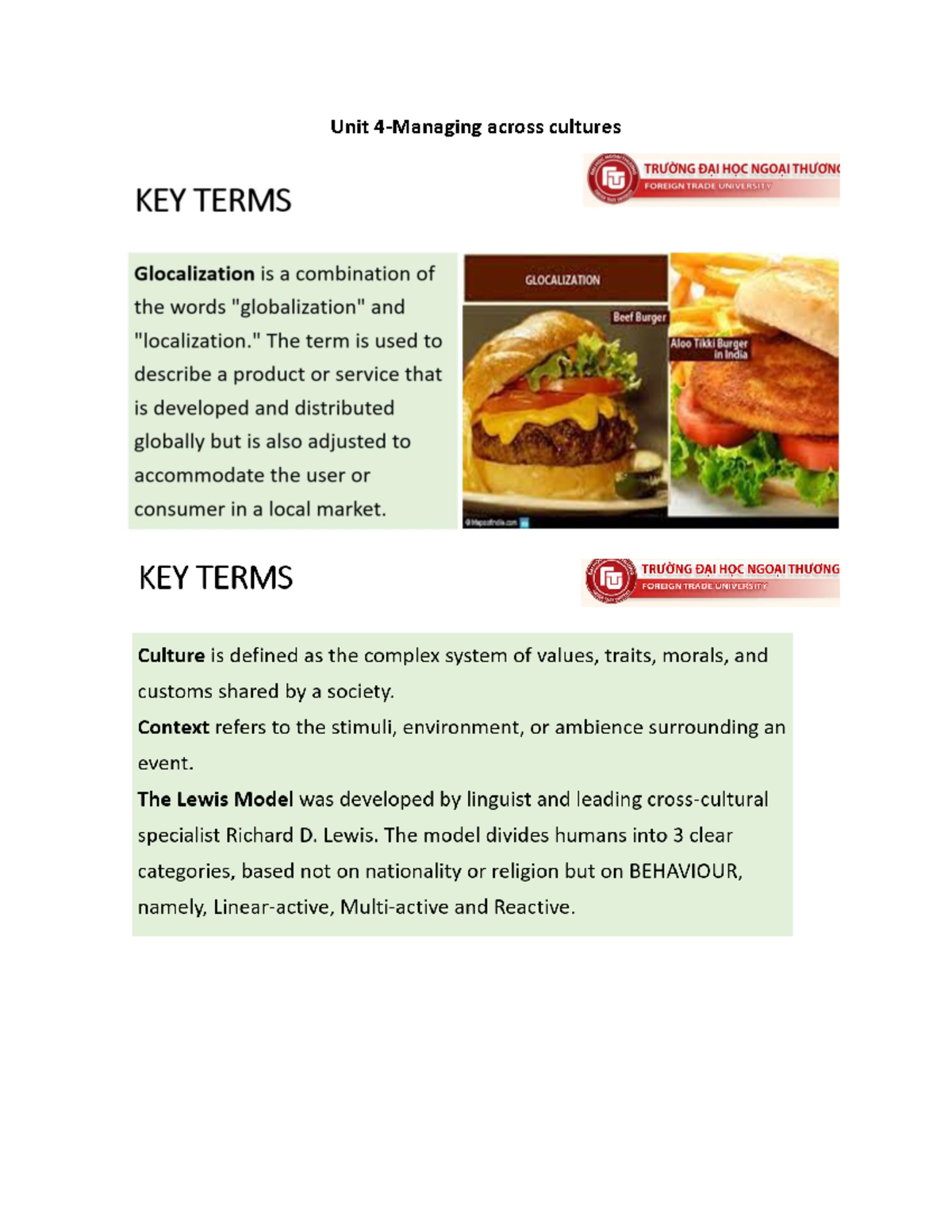 Unit 4- Managing across culture - Unit across cultures TRUONG DAI HOC ...