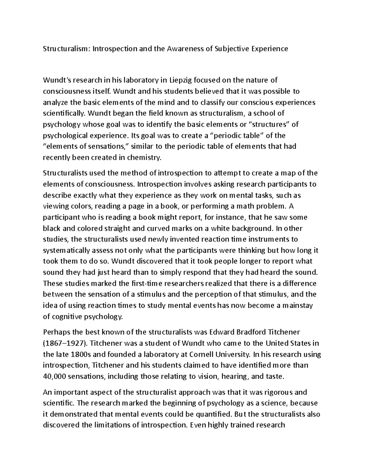 Structuralism- Introspection and the Awareness of Subjective Experience ...