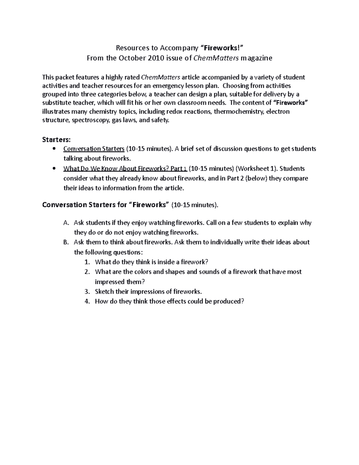 Emergency lesson plan package on fireworks - Resources to Accompany ...