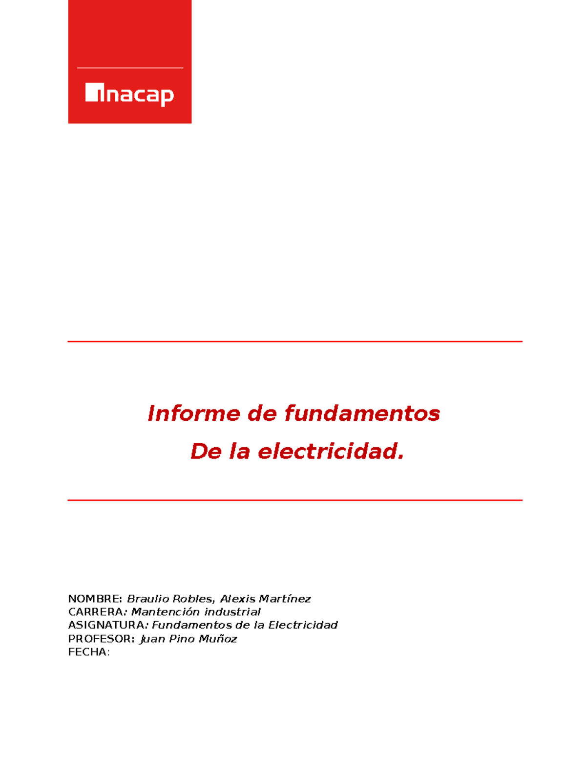 1 Carta Vertical - Informe de fundamentos De la electricidad. NOMBRE ...