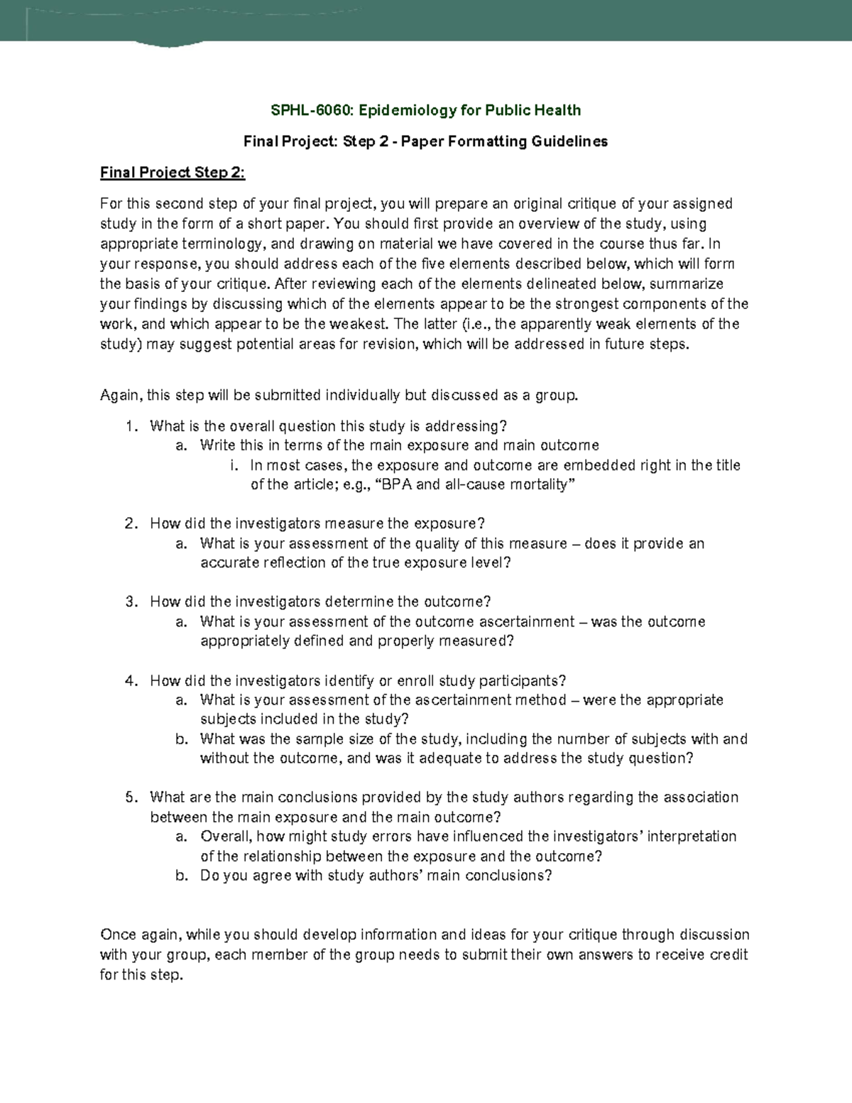 Epidemiology for Public Health Final Project: Step 2 Paper Formatting ...