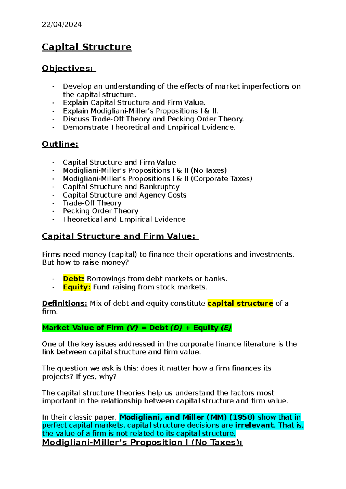 Capital Structure - Capital Structure Objectives: Develop an understanding of the effects of ...
