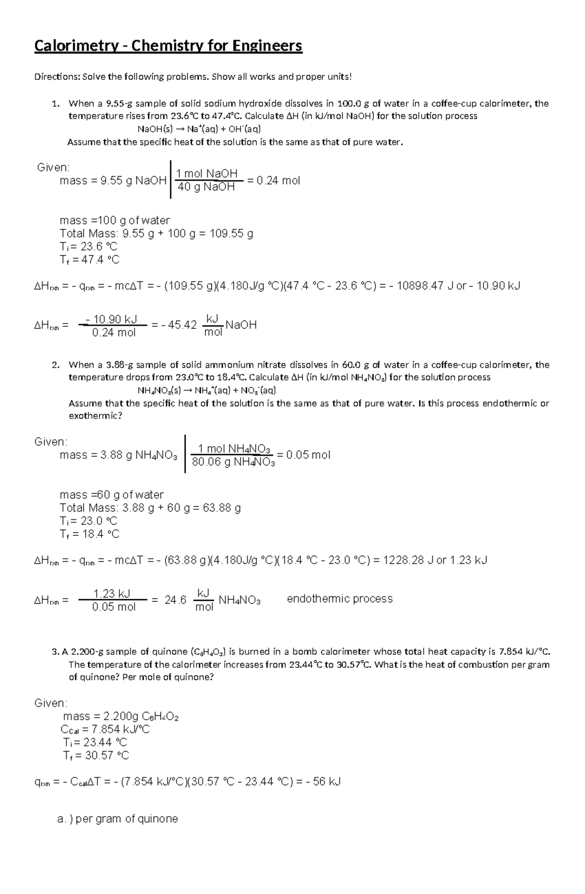 Mastery Activity Calorimetry - Calorimetry - Chemistry for Engineers ...