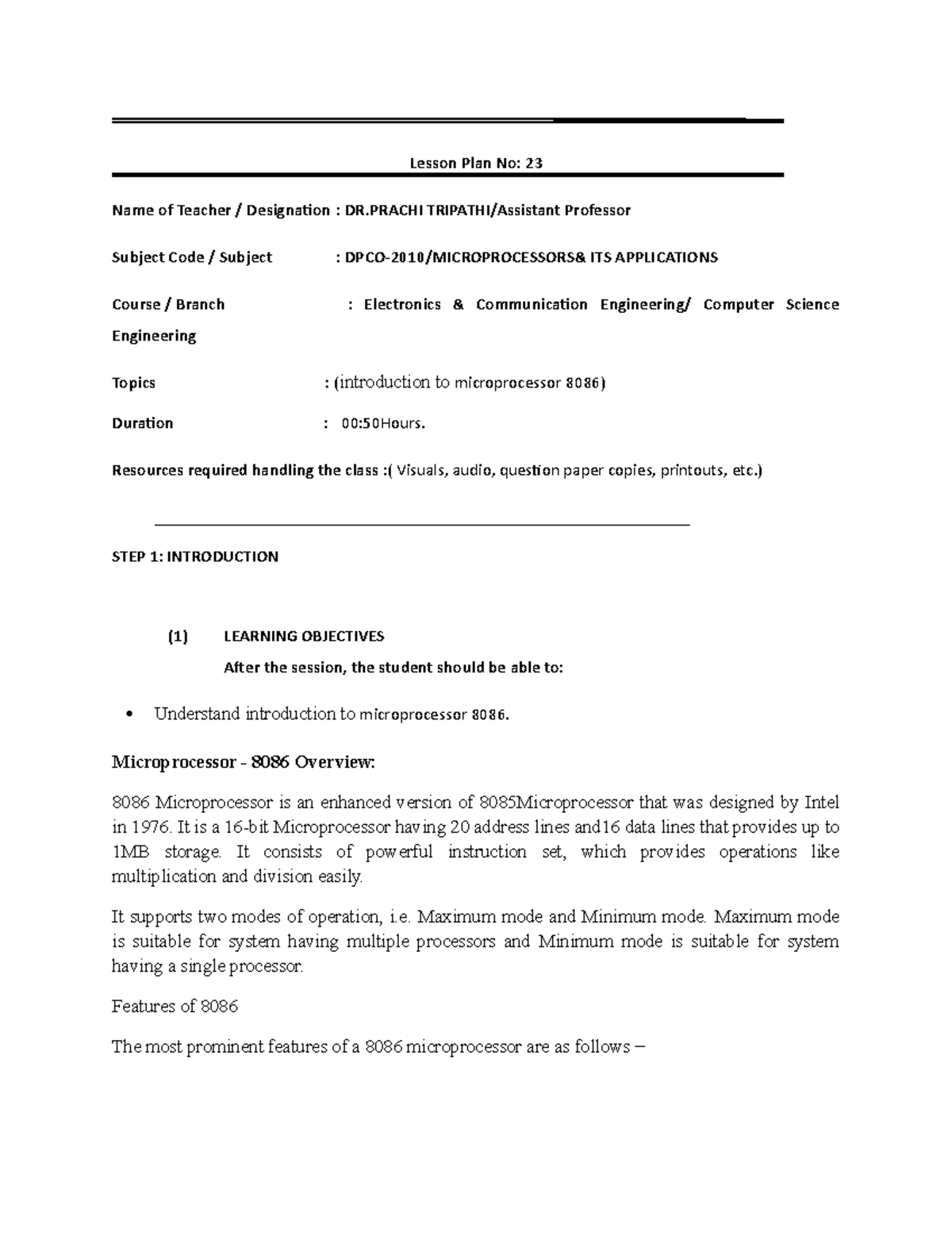 Lesson Plan 23 MP - Lecture notes Microprocessor & Notes - Lesson Plan ... Lesson Plan 23 MP - Lecture notes Microprocessor & Notes - Lesson Plan ...