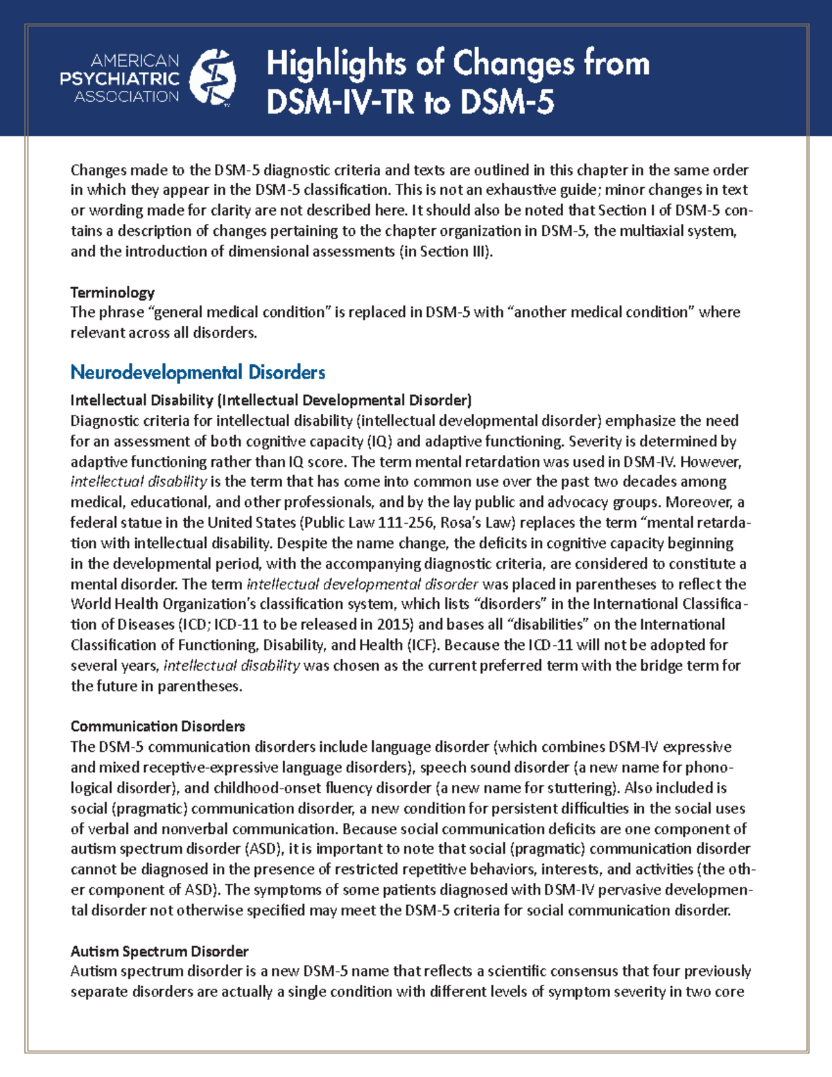 APA DSM Changes from DSM-IV-TR -to DSM-5 - Highlights of Changes from DSM-IV-TR to DSM- Changes ...
