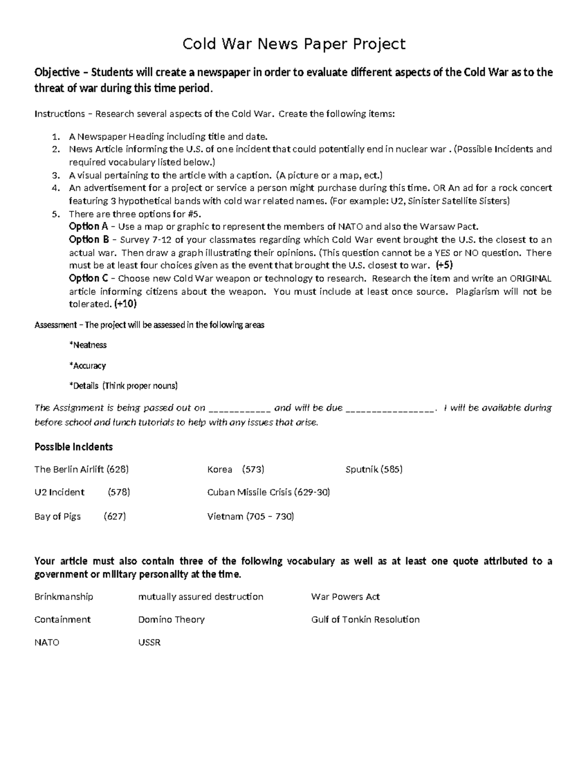 Cold War News Paper Project - Cold War News Paper Project Objective ...