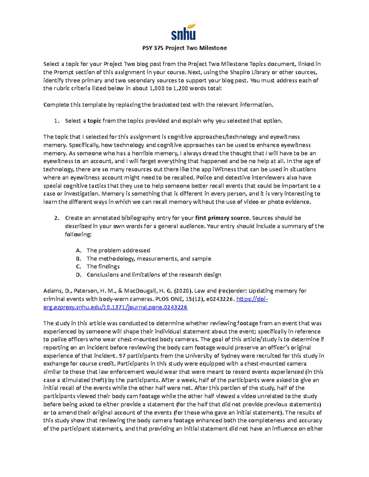 PSY 375 Project Two Milestone - PSY 375 Project Two Milestone Select a ...