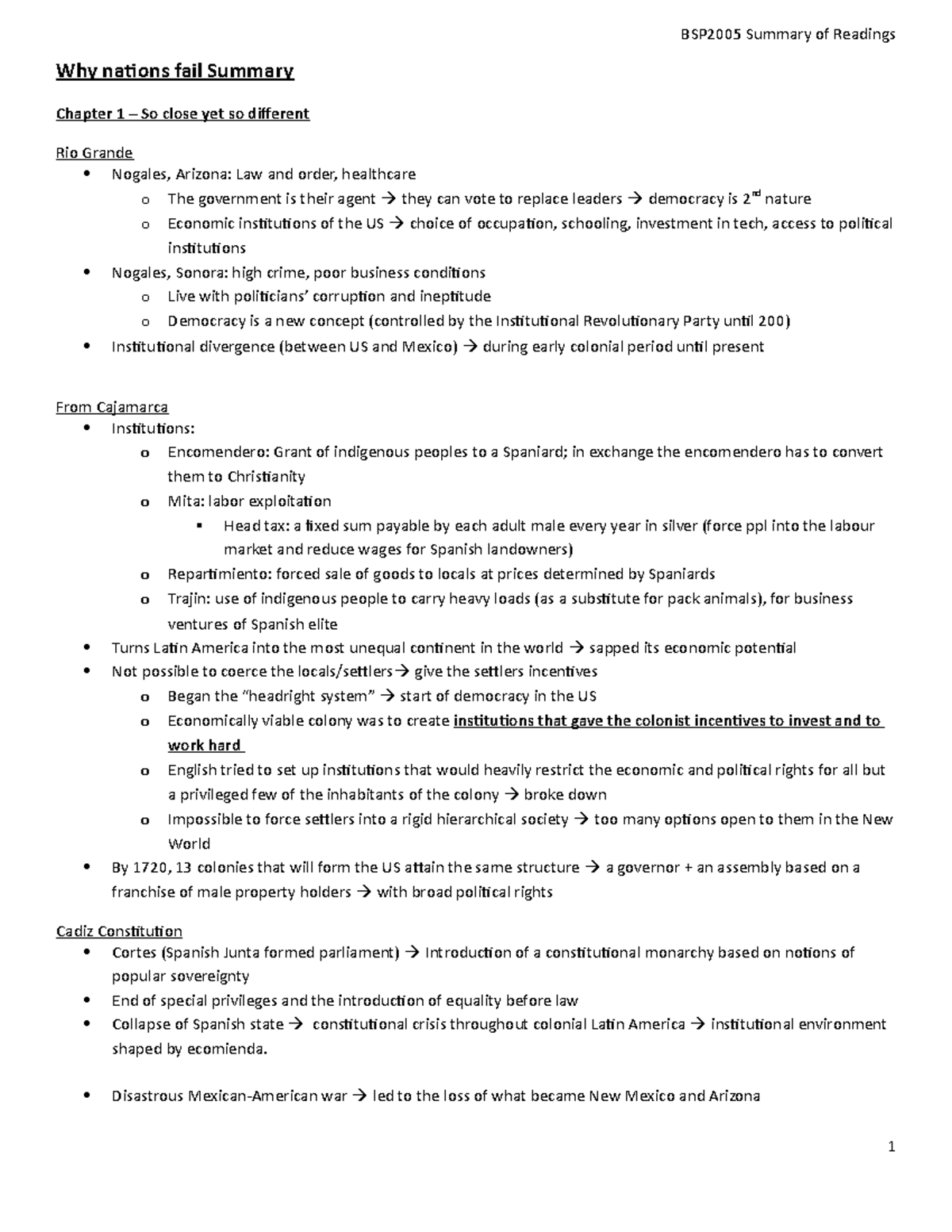 Summary - combined summary of readings - Why nations fail Summary ...