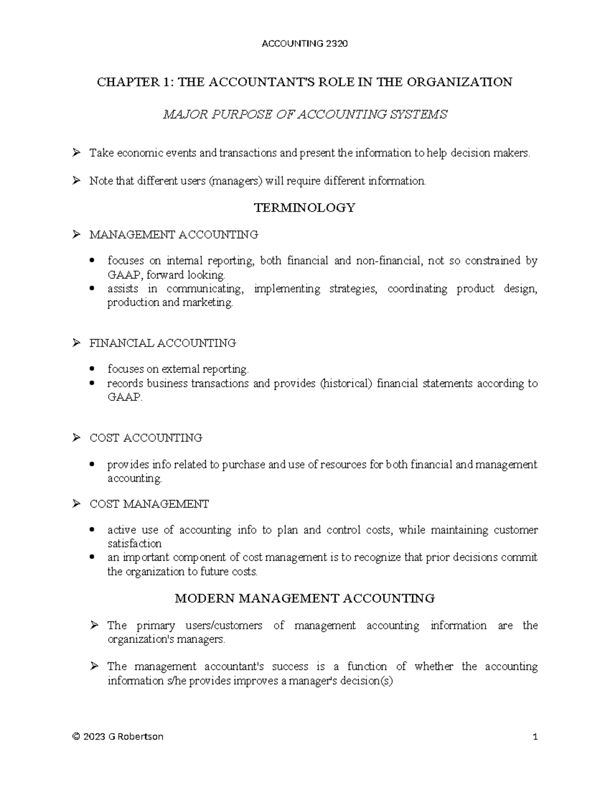 Chapter 1 Notes - Accountants role - CHAPTER 1: THE ACCOUNTANT'S ROLE ...