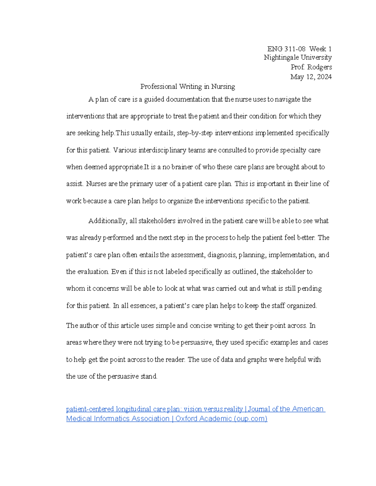 Professional Writing in Nursing - ENG 311-08 Week 1 Nightingale ...