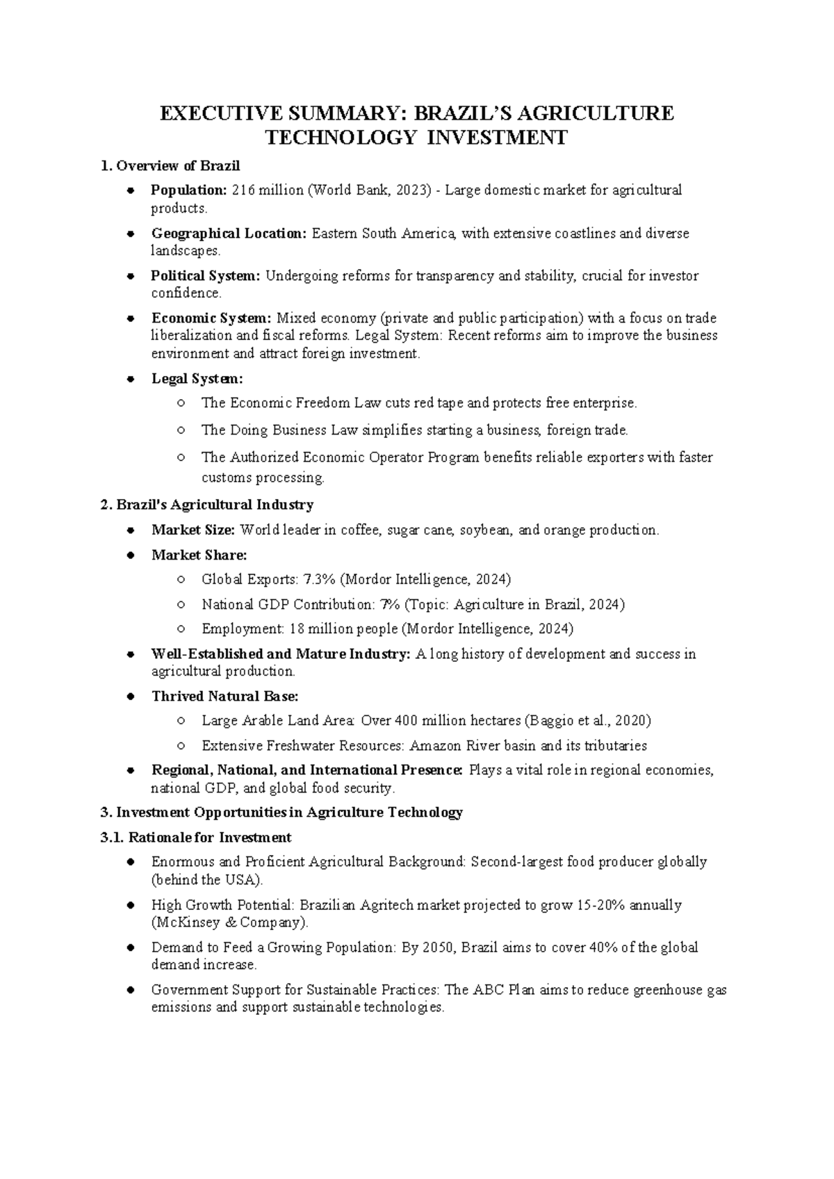 Group 9 - Executive Summary - EXECUTIVE SUMMARY: BRAZIL’S AGRICULTURE TECHNOLOGY INVESTMENT 1 ...