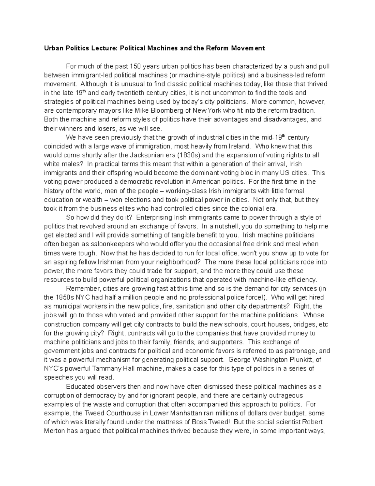 Lecture One, Political machines and the reform movmemnt - Urban ...