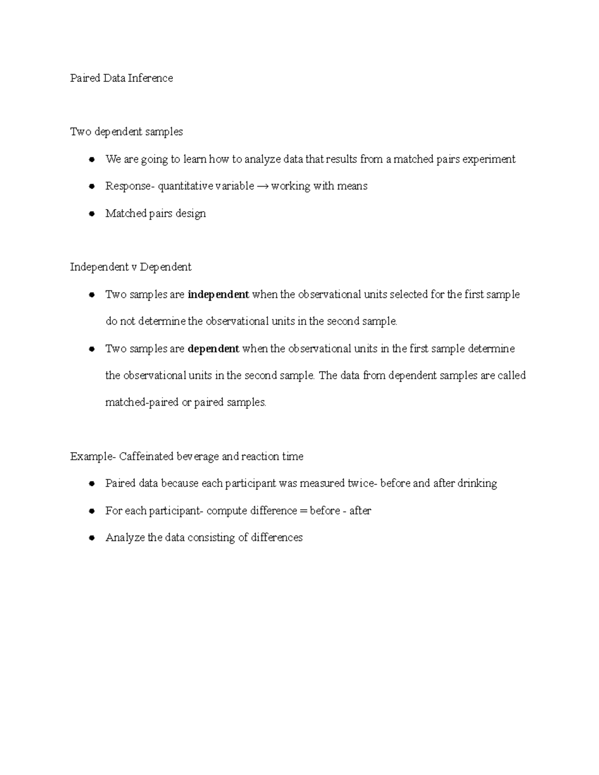 Lecture 18 Paired Data Inference Paired Data Inference Two Dependent