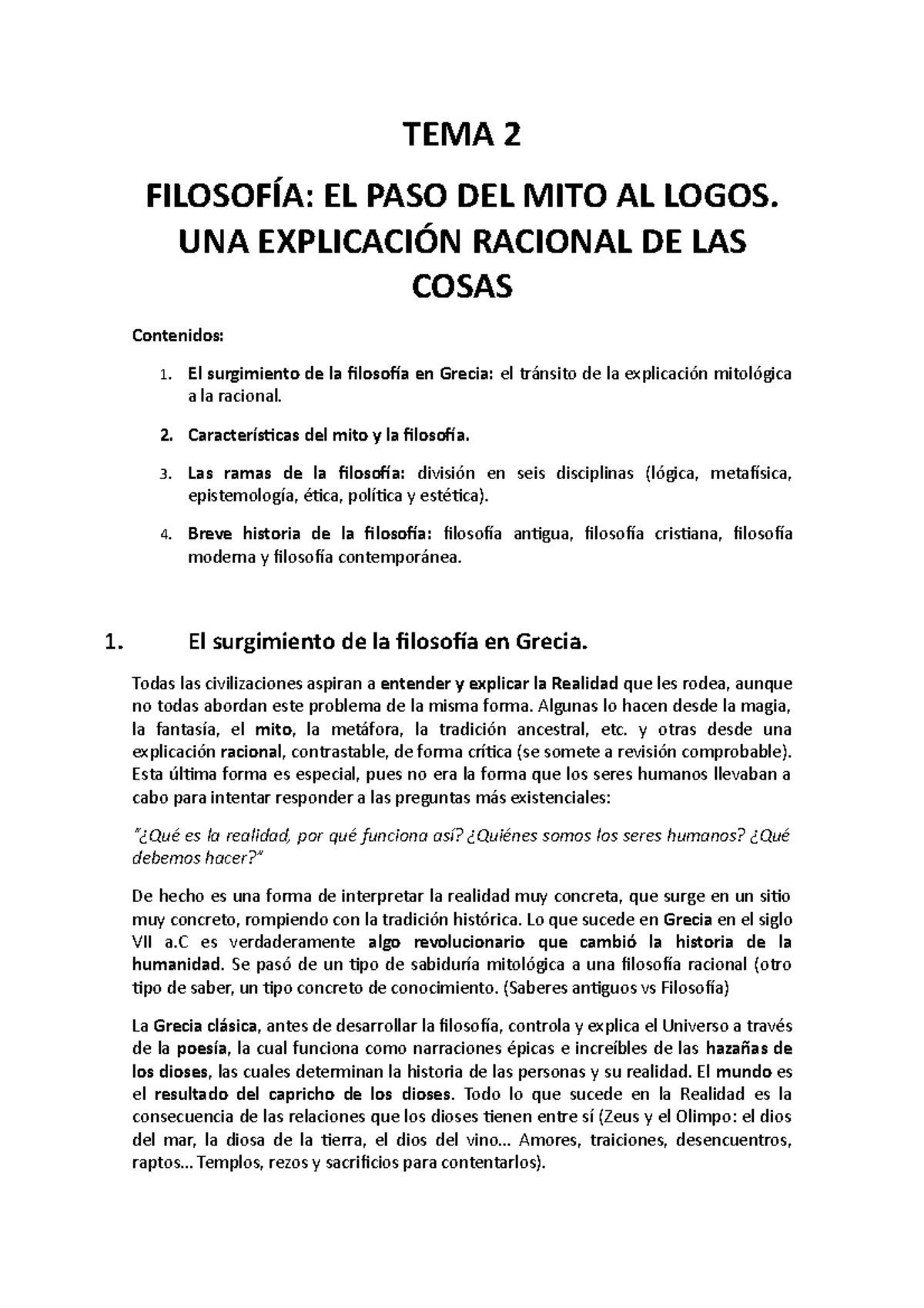 Tema 2 Filosofía El paso del mito al logos una explicación racional de las cosas - TEMA 2 ...