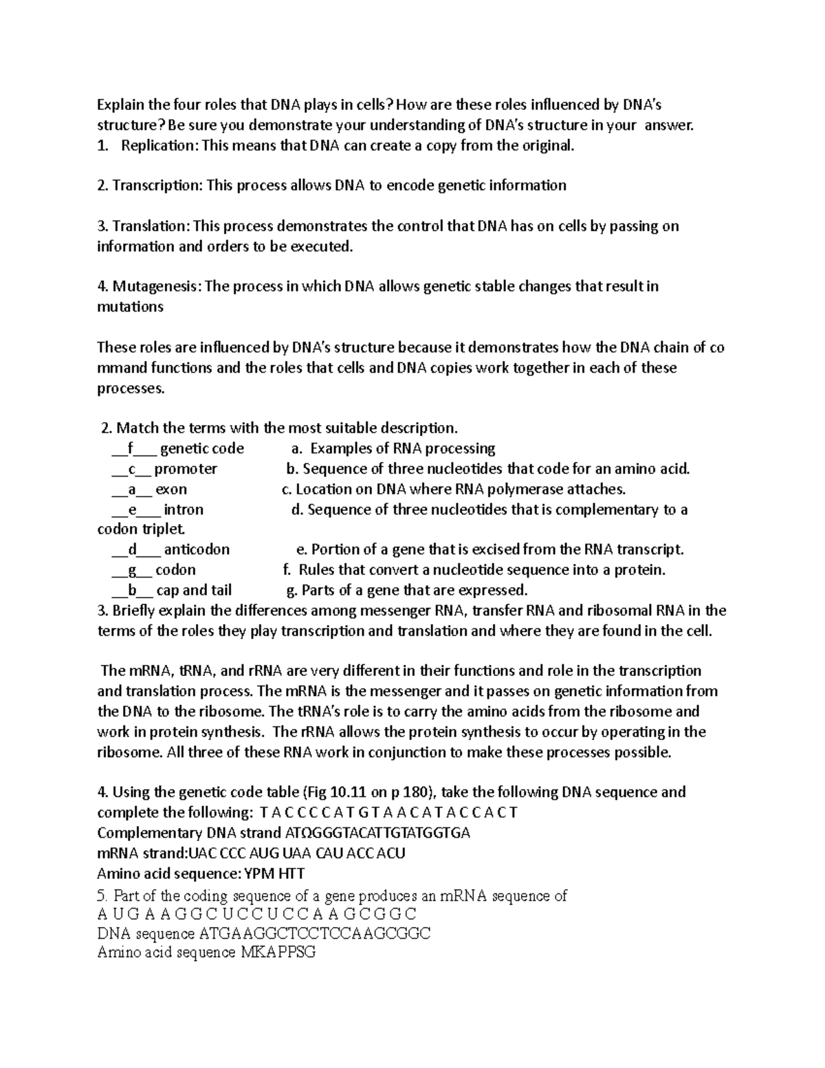 Week 5 HW Bio Concepts PDF - Explain the four roles that DNA plays in ...