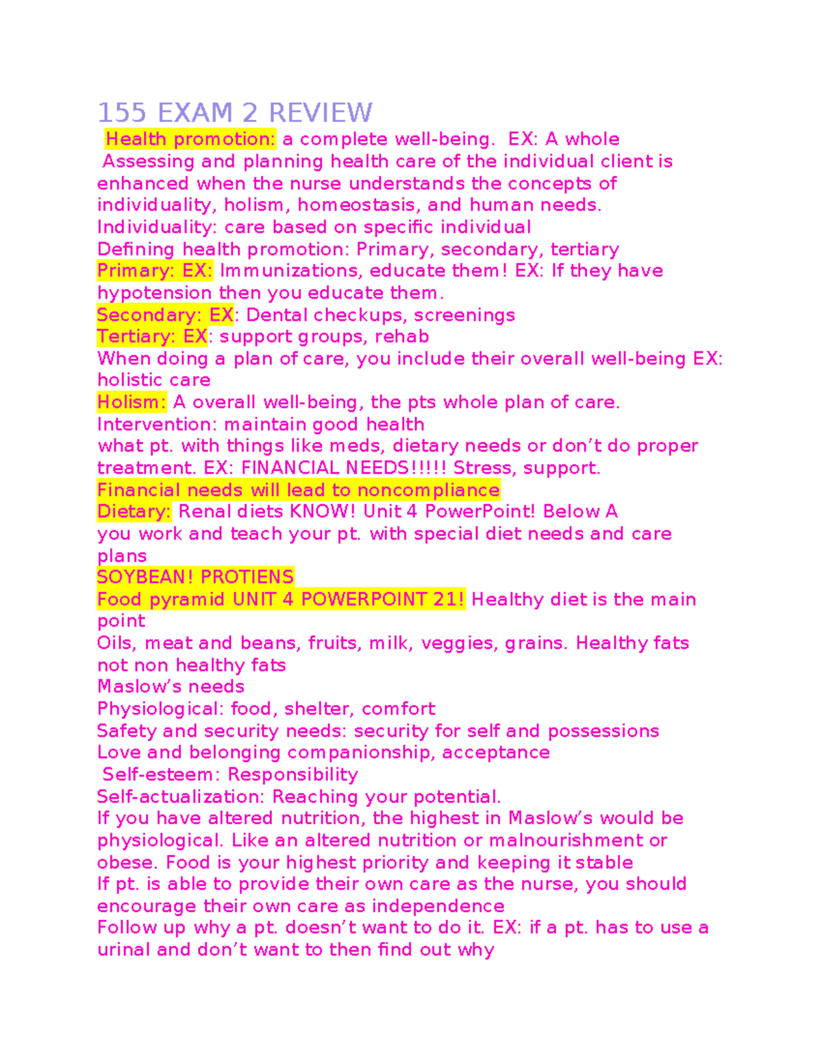 lecture for exam 2 - 155 EXAM 2 REVIEW Health promotion: a complete ...