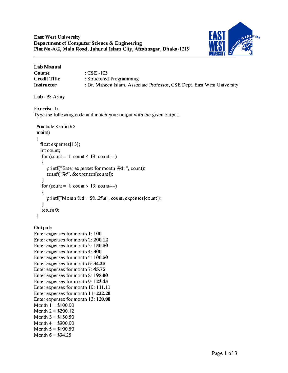 Cse 103 Lab 5 Lab Material Page 1 Of 3 East West University Department Of Computer Science