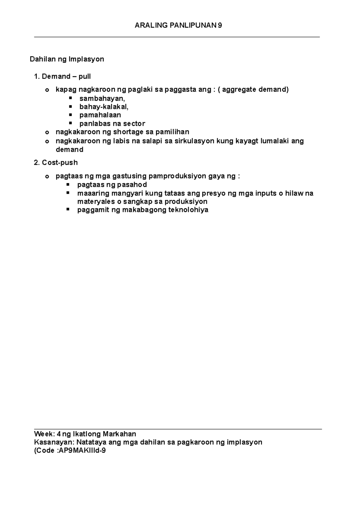Dahilan ng Implasyon - Learning Sheet - ARALING PANLIPUNAN 9 Dahilan ng Implasyon Demand – pull ...
